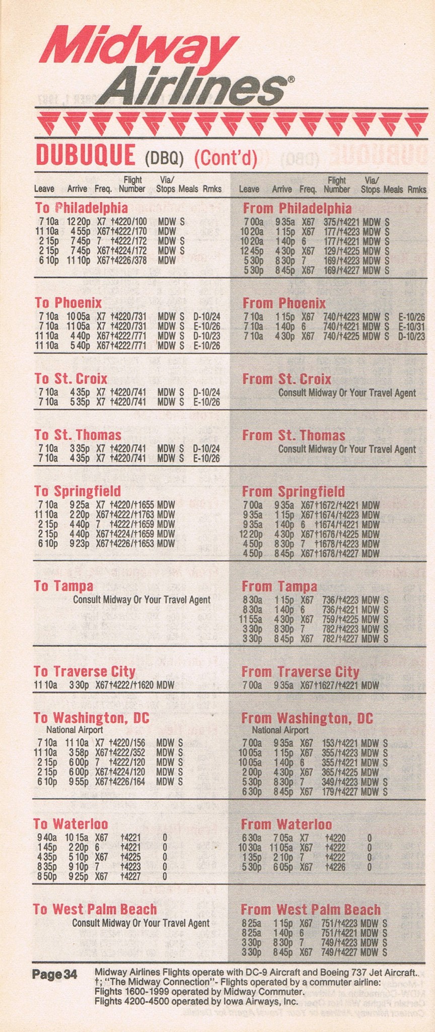 Midway Airlines October 1, 1987 System Timetable – departedflights2.com