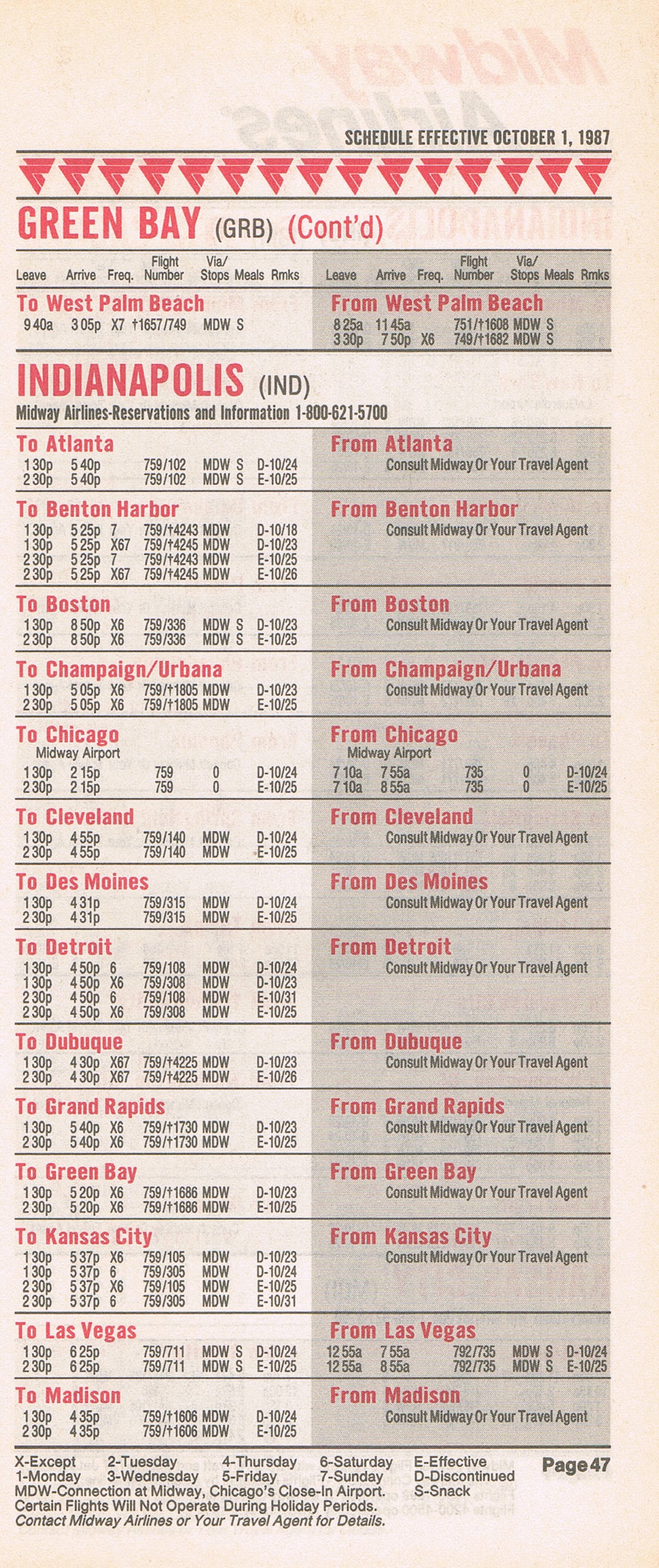 Midway Airlines October 1, 1987 System Timetable – departedflights2.com