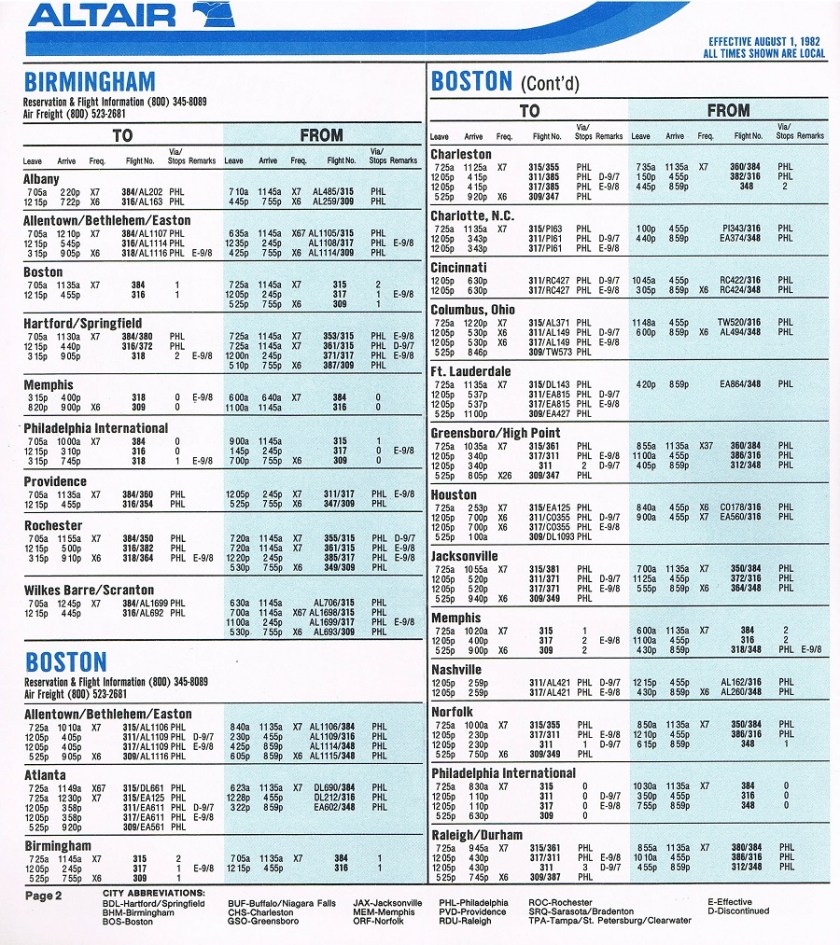 Altair Airlines August 1, 1982 System Timetable – departedflights2.com