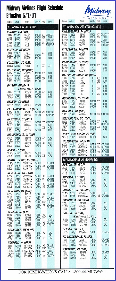 Midway Airlines May 1, 2001 System Timetable – departedflights2.com