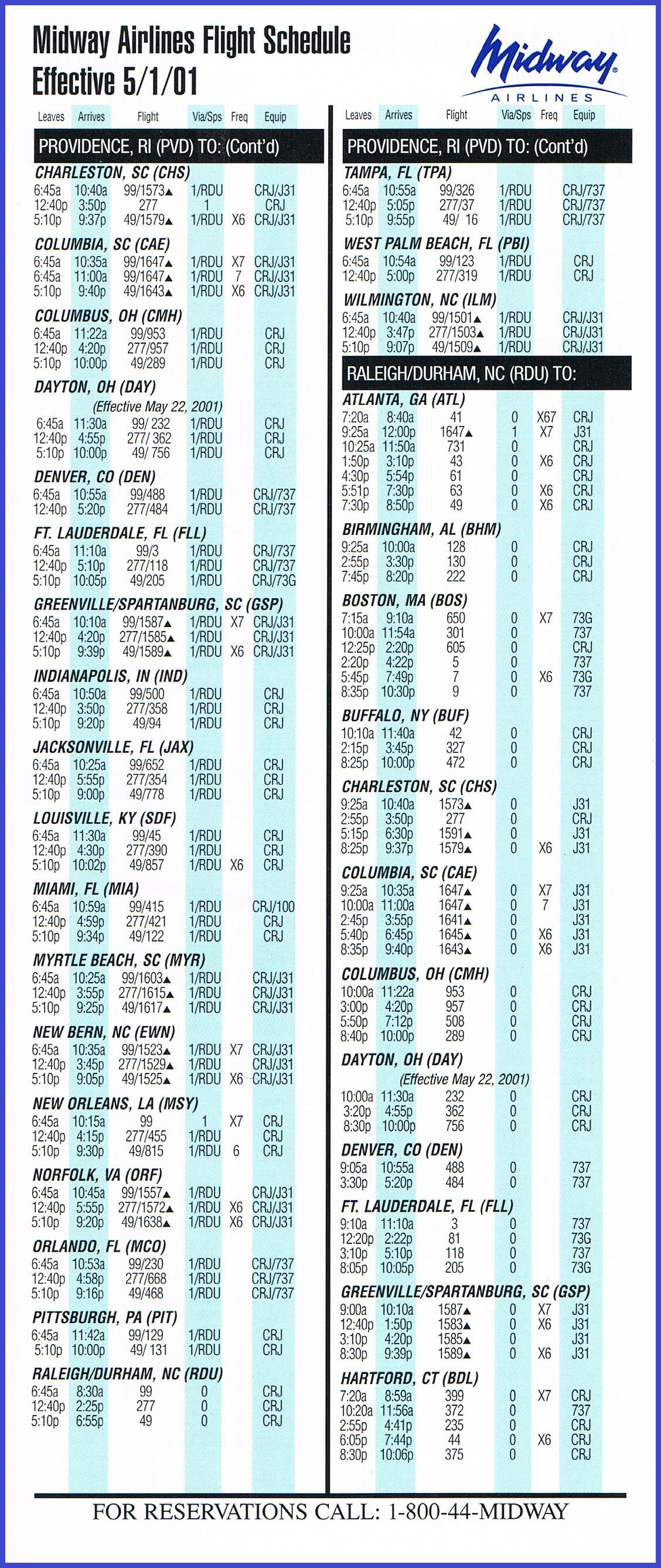 Midway Airlines May 1, 2001 System Timetable – departedflights2.com