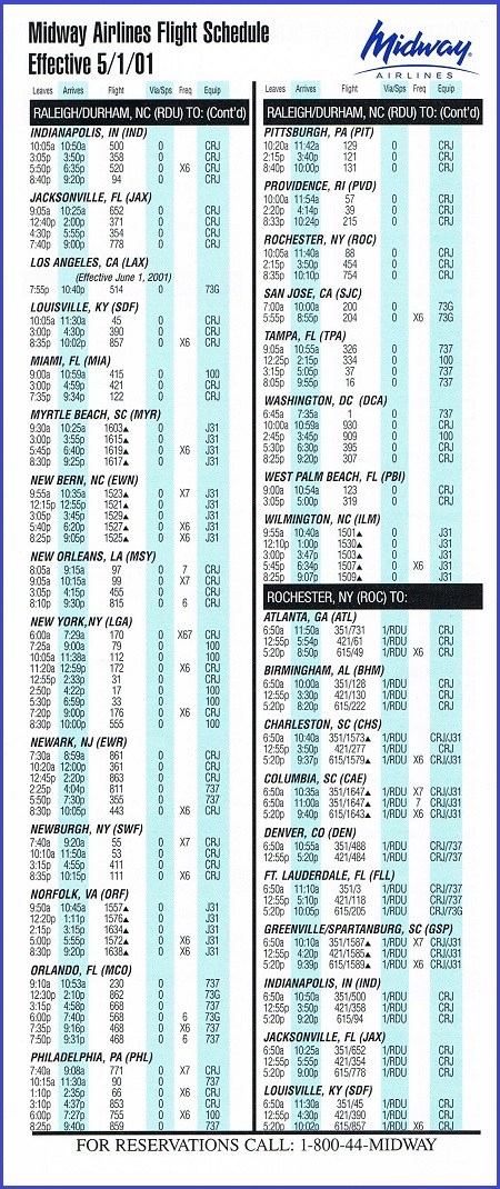 Midway Airlines May 1, 2001 System Timetable – departedflights2.com