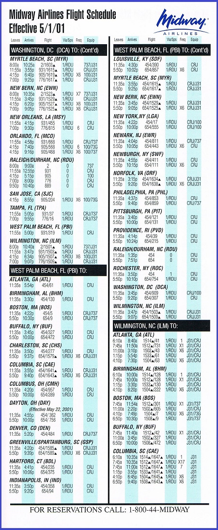 Midway Airlines May 1, 2001 System Timetable – departedflights2.com