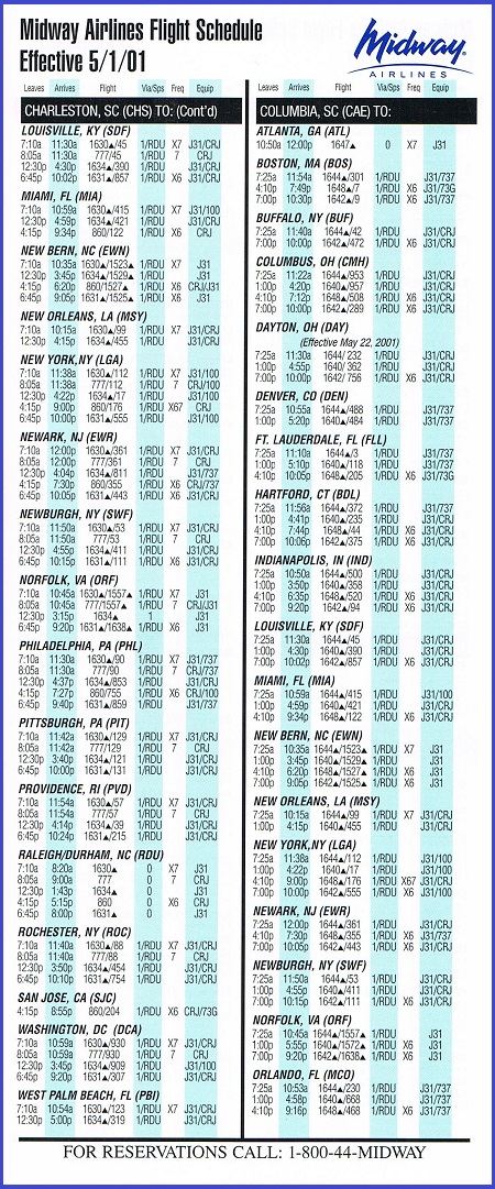 Midway Airlines May 1, 2001 System Timetable – departedflights2.com