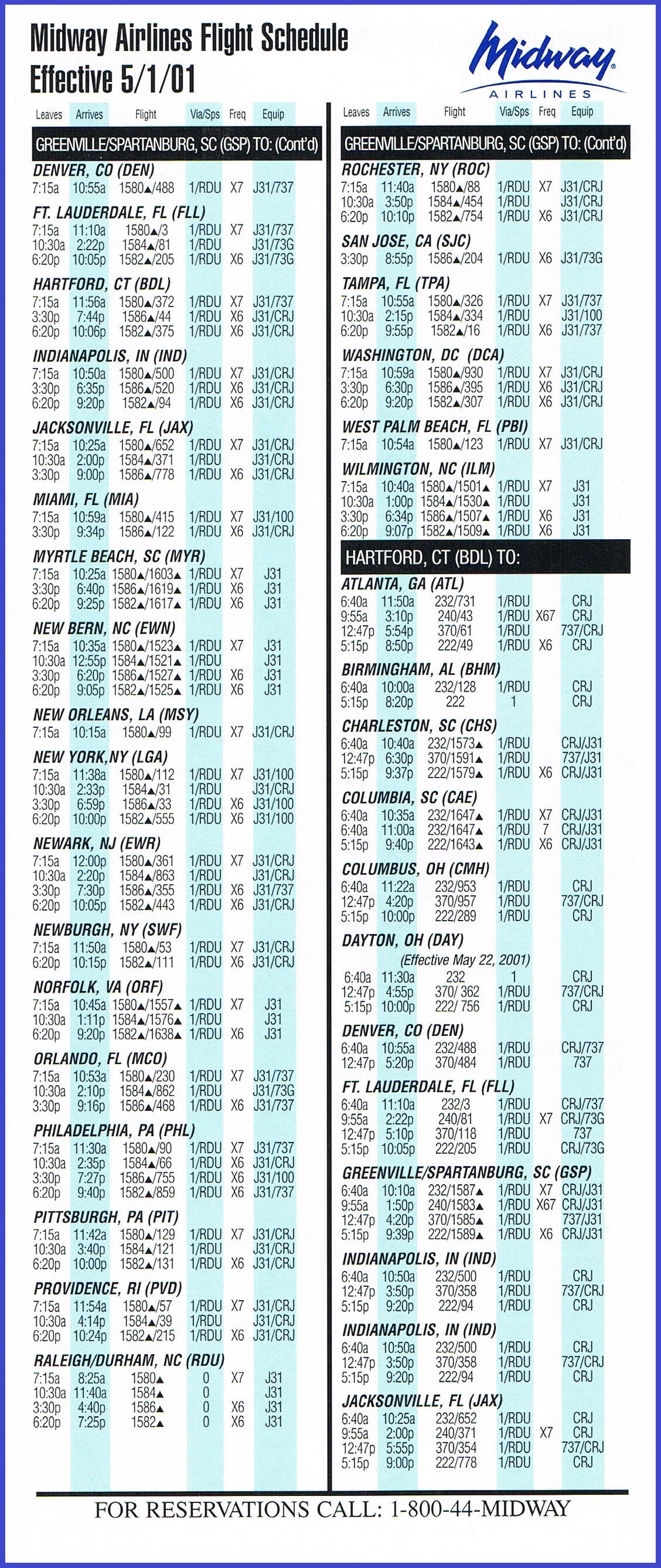 Midway Airlines May 1, 2001 System Timetable – departedflights2.com
