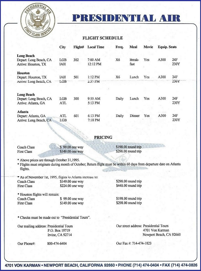Presidential Air October 2, 1995 Flight Schedule – departedflights2.com
