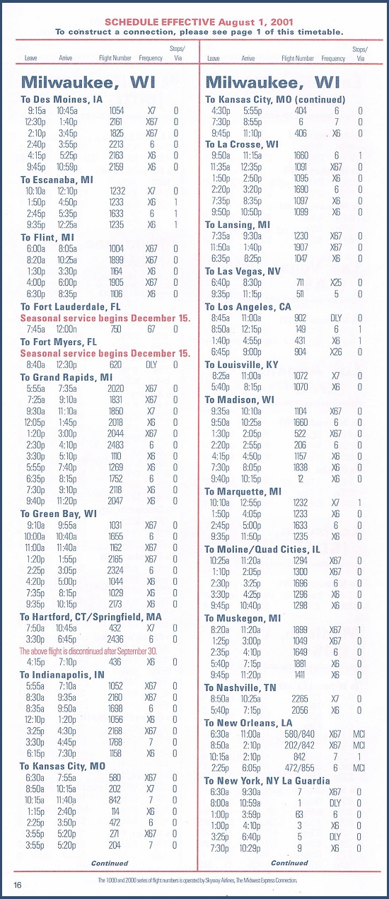 Midwest Express Airlines August 1, 2001 System Timetable ...