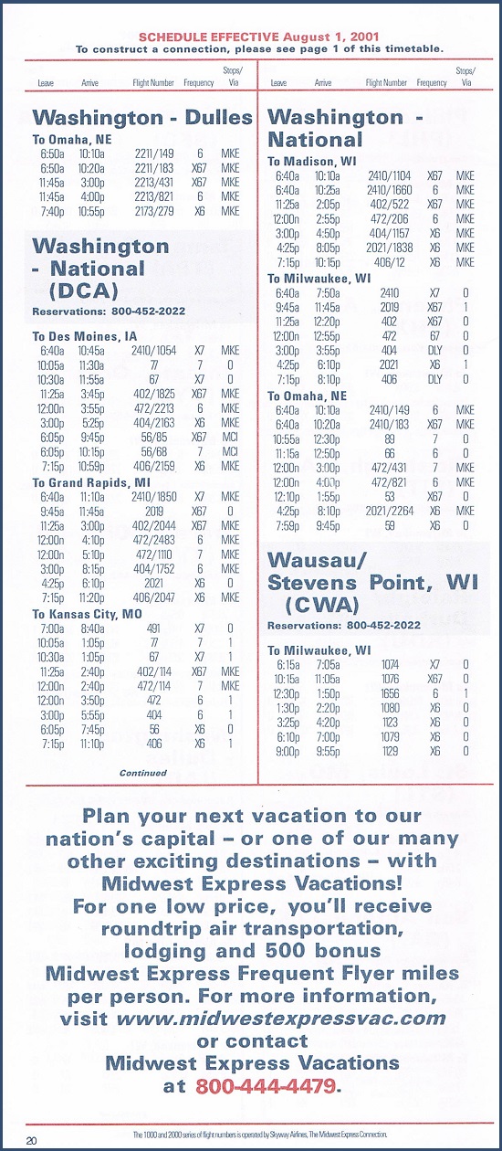 Midwest Express Airlines August 1, 2001 System Timetable ...