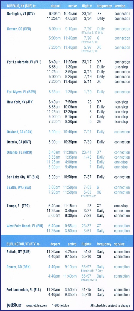 JetBlue Airways May 1, 2001 System Timetable – departedflights2.com