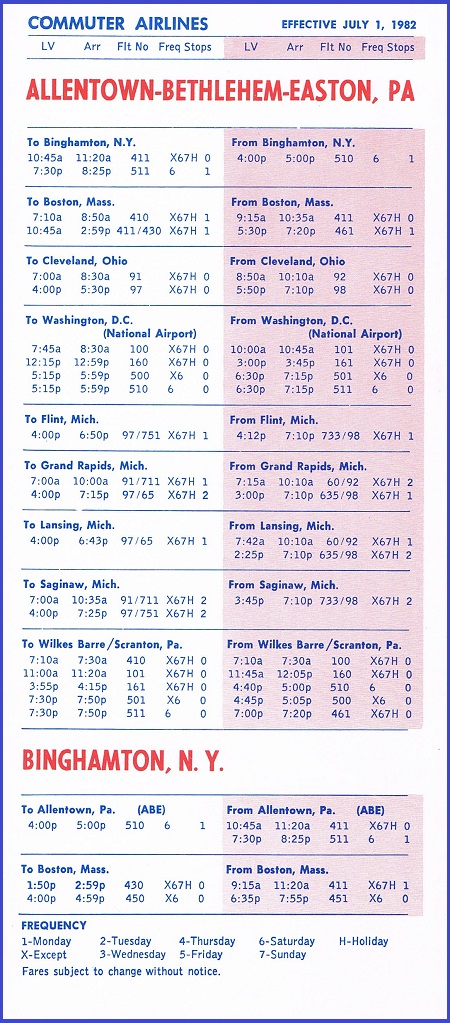 Commuter Airlines July 1, 1982 System Timetable – departedflights2.com