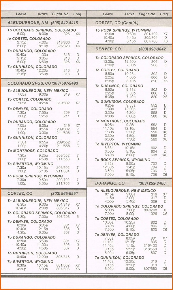 Trans-Colorado Airlines August 1, 1985 System Timetable ...