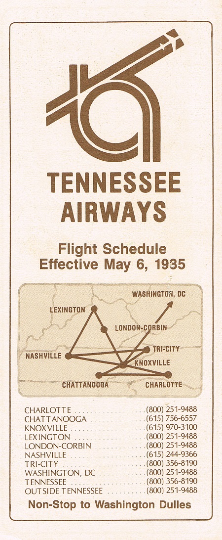 Tennessee Airways May 6, 1985 System Timetable – departedflights2.com