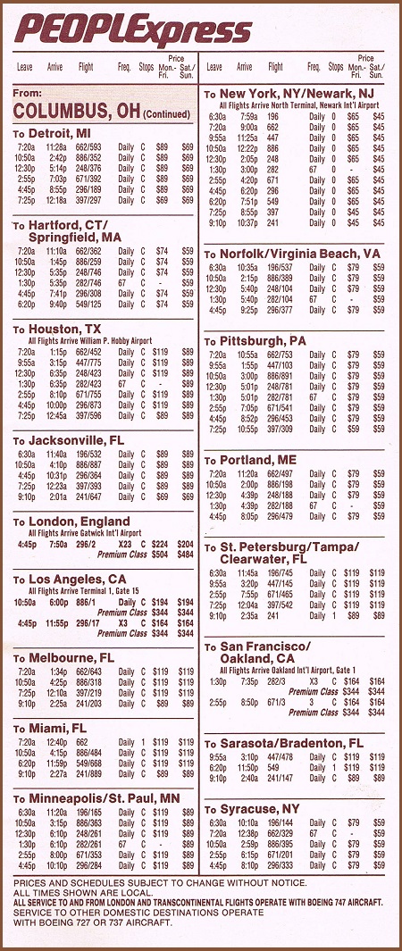 People Express Airlines November 15, 1984 System Timetable ...