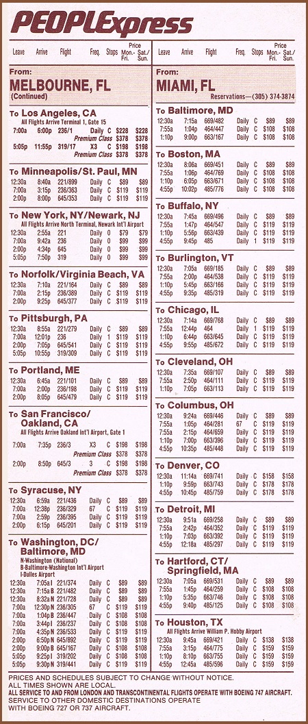People Express Airlines November 15, 1984 System Timetable ...