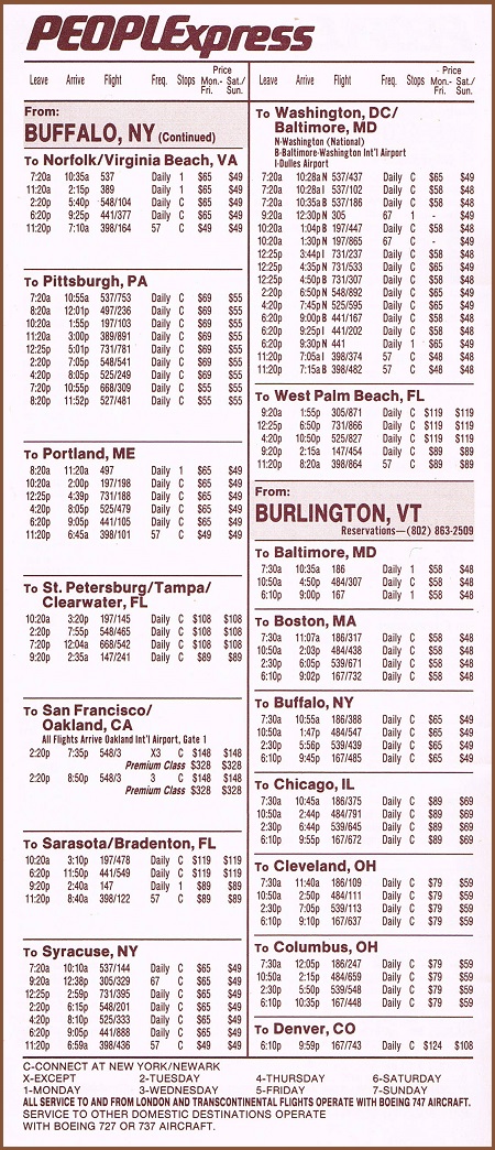 People Express Airlines November 15, 1984 System Timetable ...