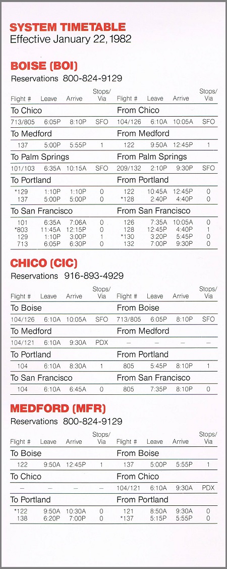 Pacific Express Airlines January 22, 1982 System Timetable ...
