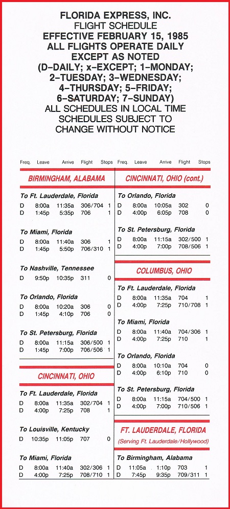 Florida Express Airlines February 15, 1985 System Timetable ...